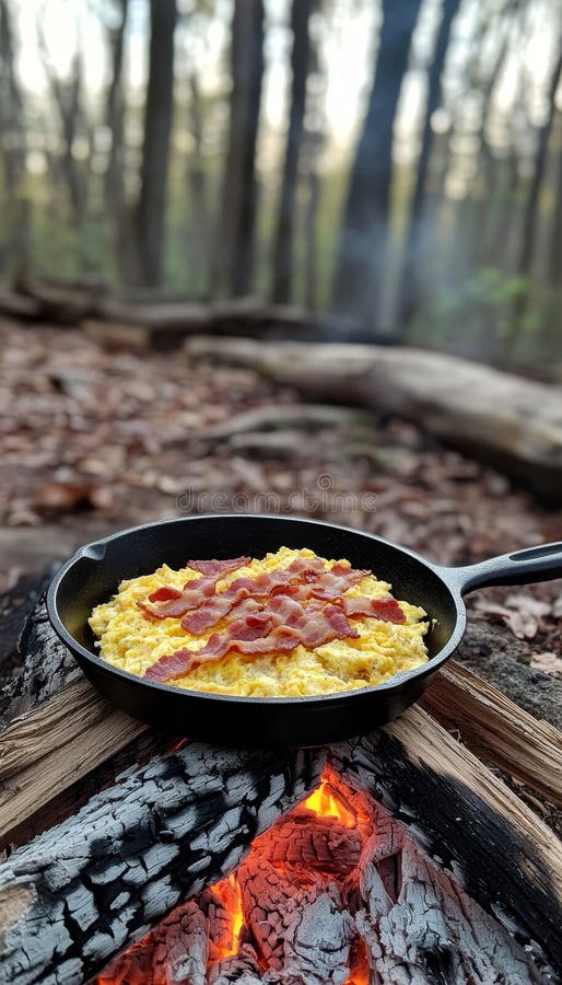 Scrambled Eggs and Bacon Cooking in a Cast Iron Pan Over a Campfire in ...