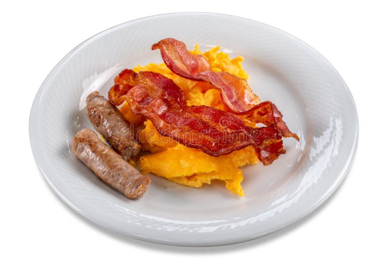 Scrambled Eggs, Bacon and Sausage Breakfast Stock Photo - Image of ...