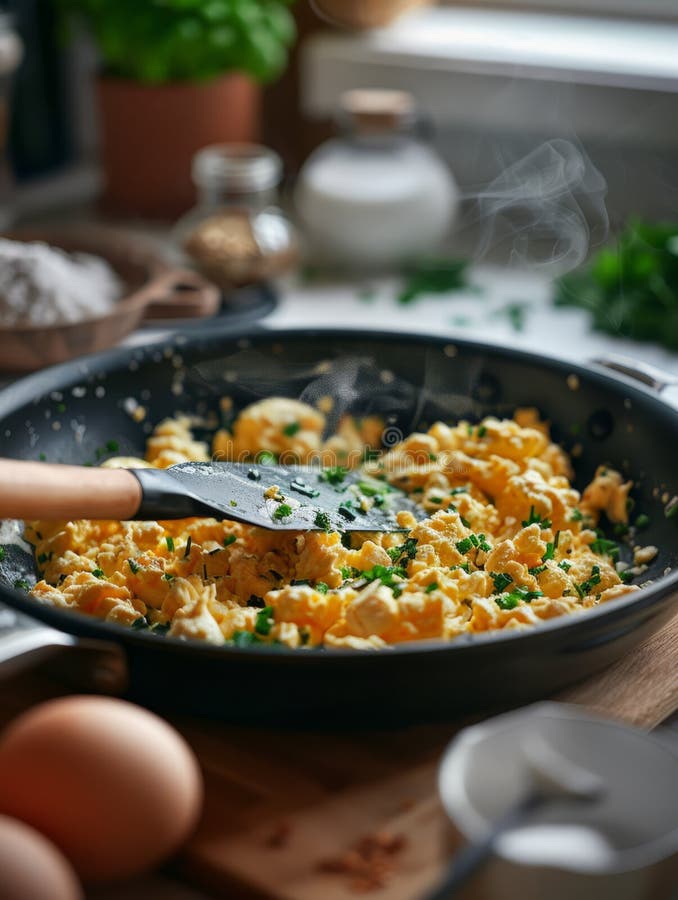 Scrambled Eggs Cooking in a Frying Pan with Fresh Herbs. Stock Image ...