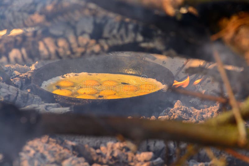Scrambled Eggs on the Fire. Picnic Stock Photo - Image of bonfire ...