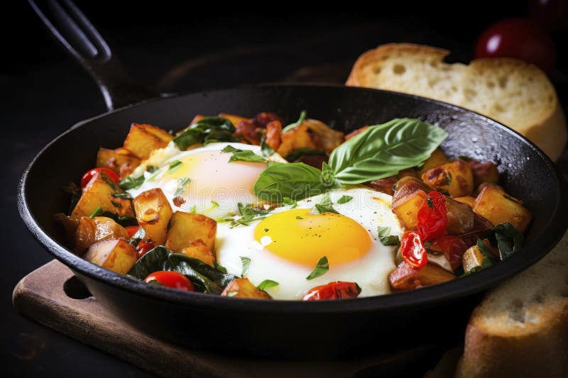 Scrambled Eggs with Garnish in a Frying Pan. Generative AI Stock Photo ...