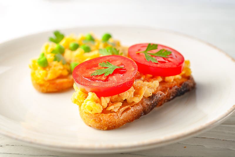 Scrambled Eggs on Toast, Side View. Homemade Breakfast - Sandwiches ...