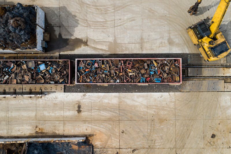 Scrap Metal Recycling Loading into Containers Top View from the Throne ...