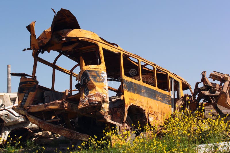 Scrap Old School Bus at Junkyard Stock Photo - Image of nature ...