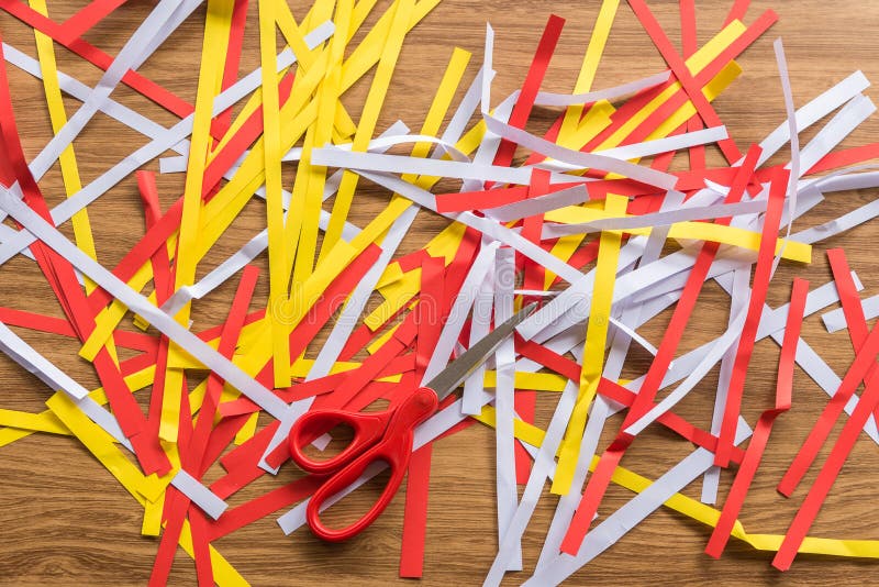 Scrap Paper is Cut with Scissors on the Table Wooden Stock Photo ...