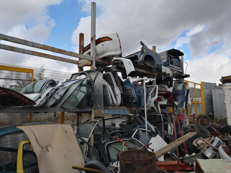 The Scrap Yard with Old Cars of Crushed Cars Stock Photo - Image of ...
