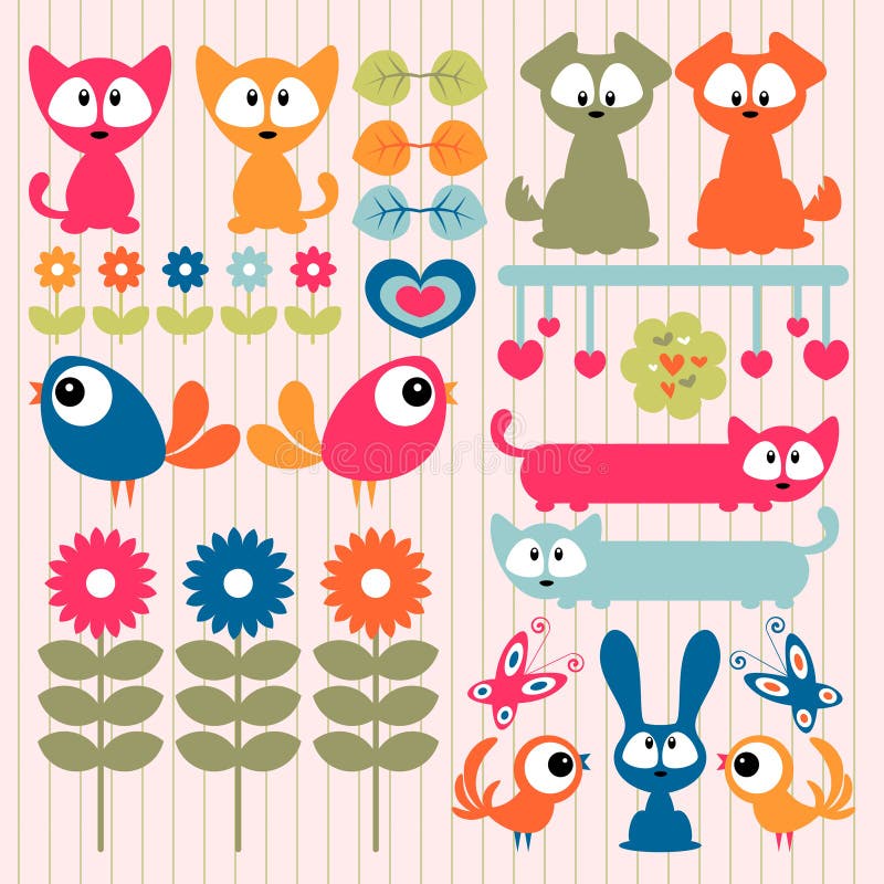 Cute Animals and Various Elements Stock Vector - Illustration of card ...