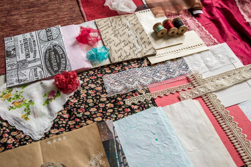 A Scrapbooking Kit. the Layout is Made of Fabric, Paper Sheets and Lace ...