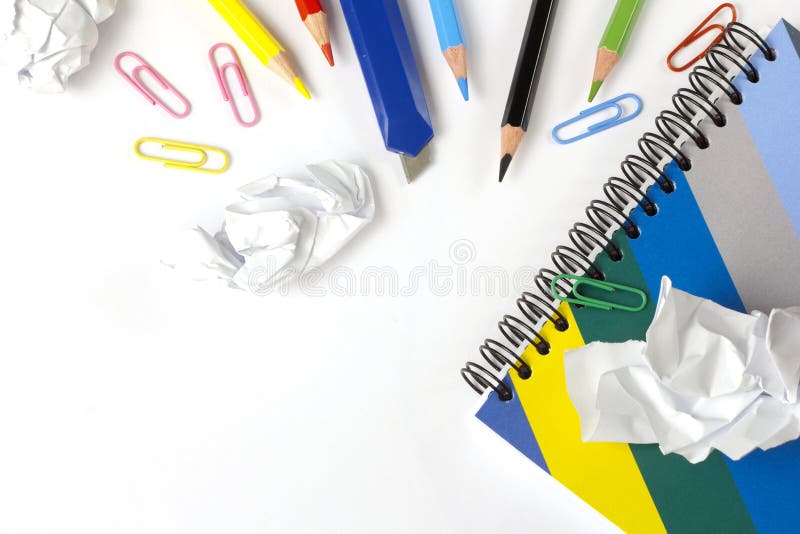 Scraps of Paper, Colored Pencils and Notebook Stock Image - Image of ...