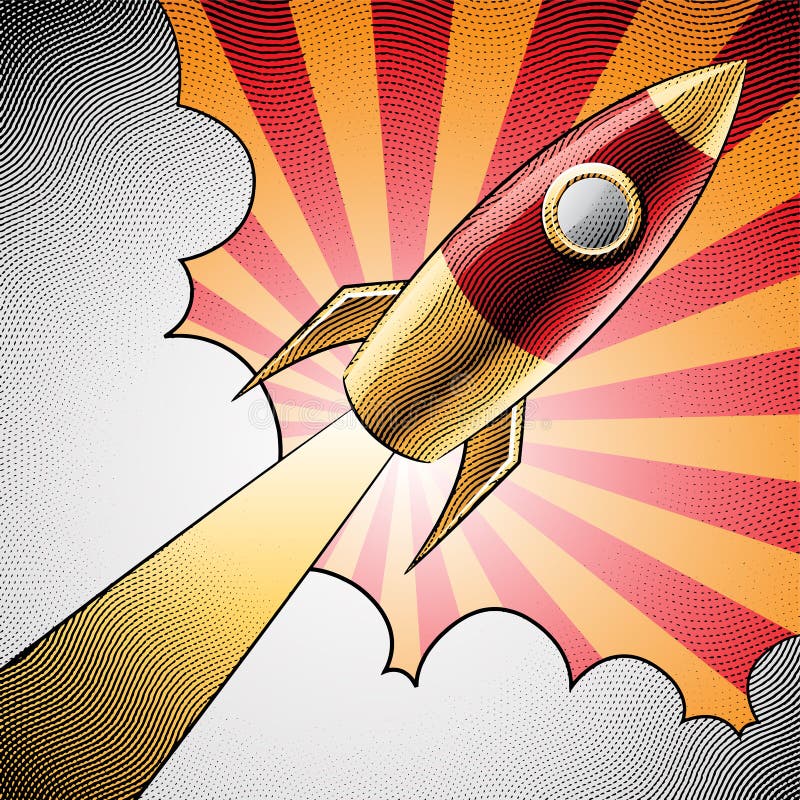 Scratchboard Engraved Diagonal Rocket and Clouds on Striped Background ...