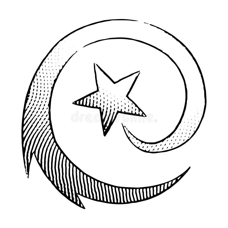 Scratchboard Engraved Icon Of Round Shooting Star Stock Vector
