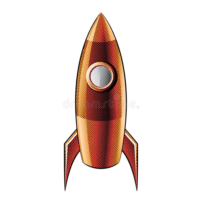 Scratchboard Engraved Orange Rocket Over a White Background Stock ...