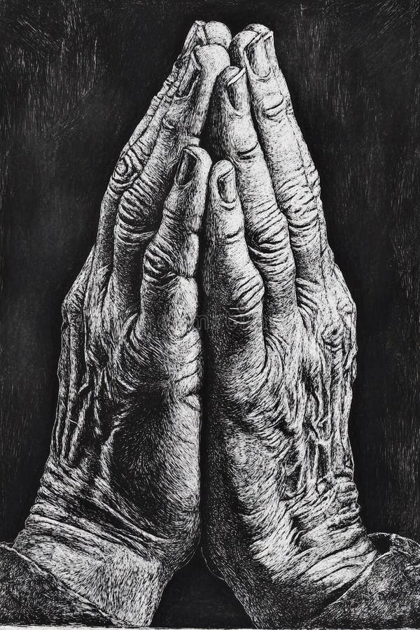 Scratchboard Illustration of a Pair of Clasped Hands in Prayer Detailed ...