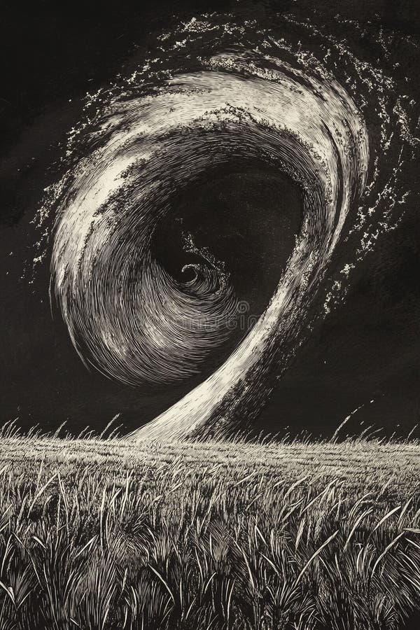Scratchboard Illustration of a Swirling Tornado in an Open Field ...