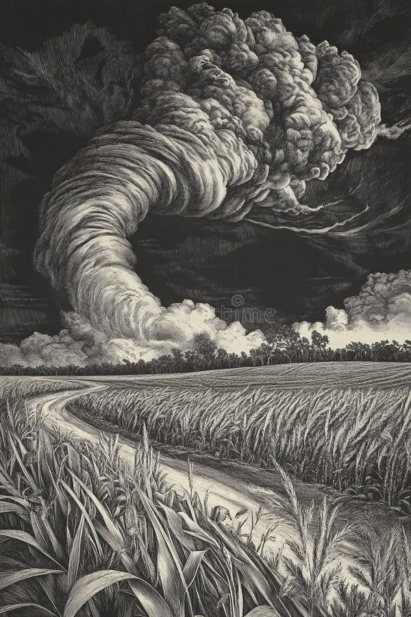 Scratchboard Illustration of a Swirling Tornado in an Open Field ...