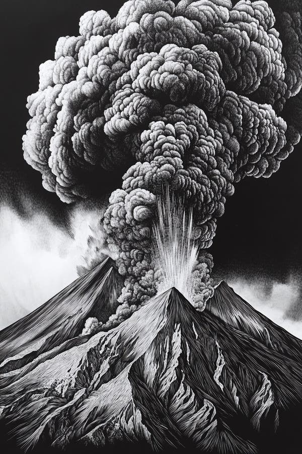 Scratchboard Rendering of an Erupting Volcano Dramatic Lava Flow and ...