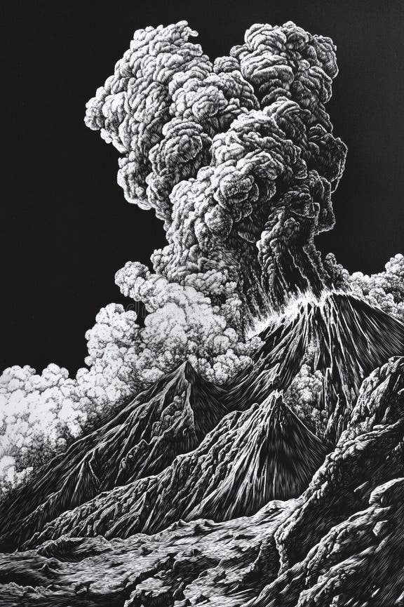 Scratchboard Rendering of an Erupting Volcano Dramatic Lava Flow and ...