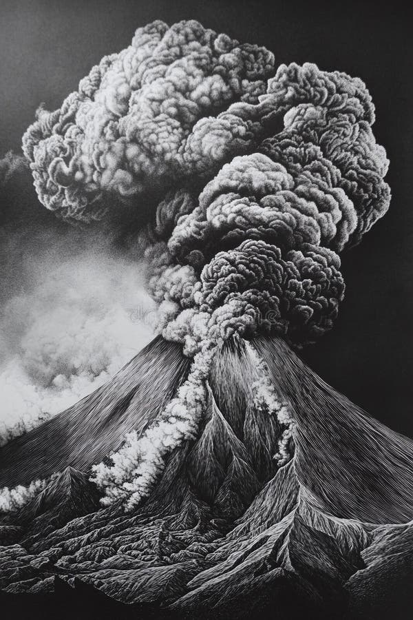 Scratchboard Rendering of an Erupting Volcano Dramatic Lava Flow and ...