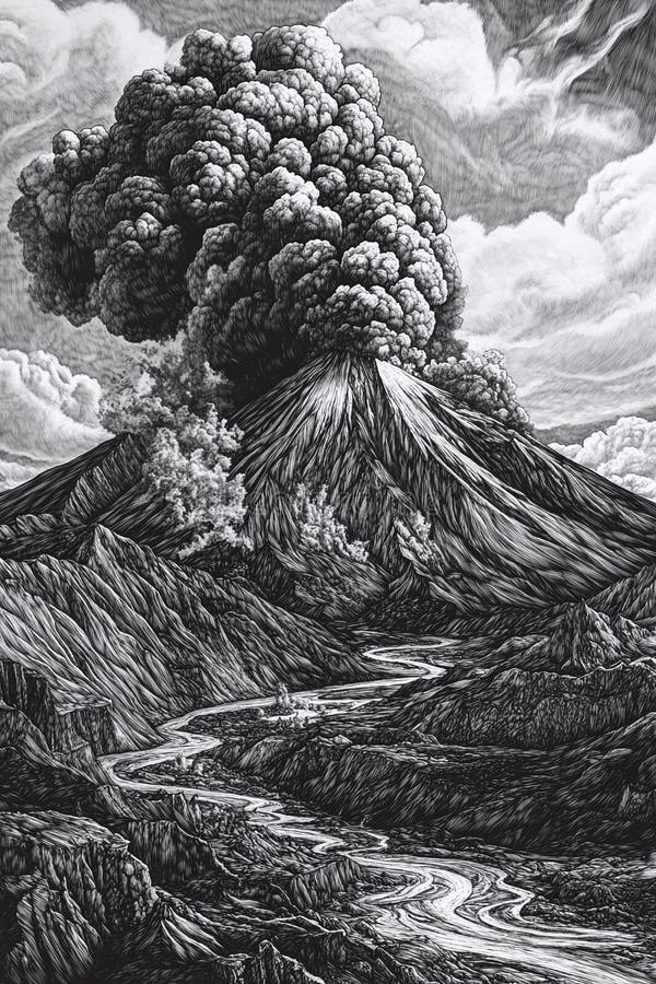Scratchboard Rendering of an Erupting Volcano Dramatic Lava Flow and ...