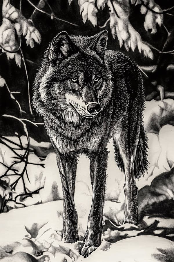 Scratchboard Rendering of a Lone Wolf Standing in Snow Detailed Fur and ...