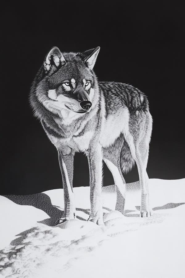 Scratchboard Rendering of a Lone Wolf Standing in Snow Detailed Fur and ...