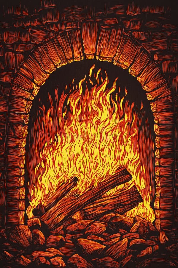 Scratchboard-style Illustration of a Roaring Fire in a Fireplace ...