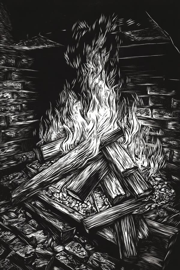 Scratchboard-style Illustration of a Roaring Fire in a Fireplace ...