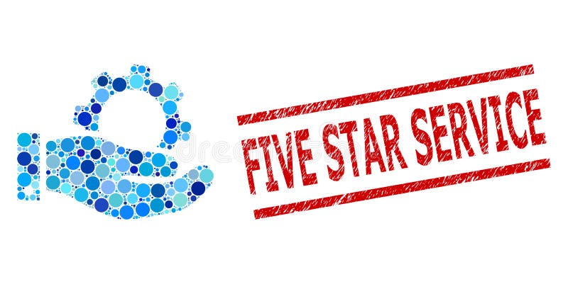 Scratched Five Star Service Stamp and Service Collage of Rounded Dots ...