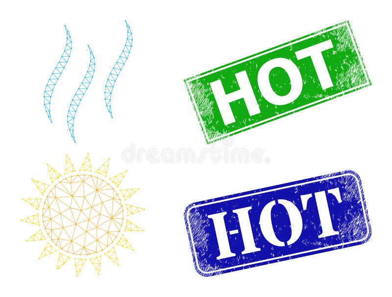 Scratched Hot Badges and Polygonal Mesh Sun Warm Icon Stock Vector ...