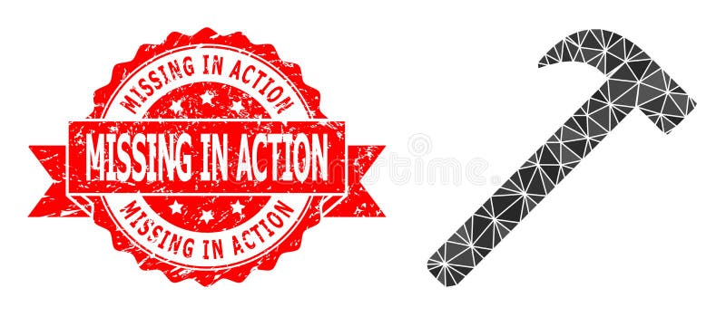 Scratched Missing in Action Stamp and Hammer Tool Low-Poly Mocaic Icon ...