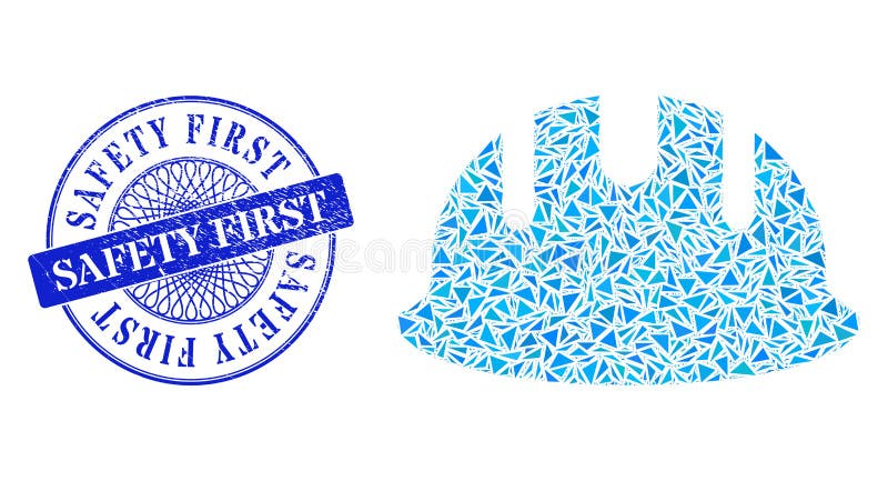 Scratched Safety First Stamp and Triangle Builder Hardhat Mosaic Stock ...