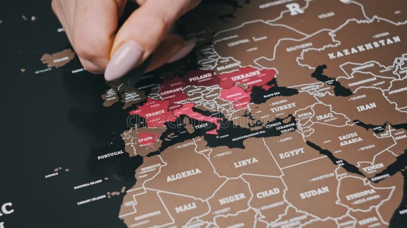 Scratching Spain Country on the Surface of a Scratch World Map Stock ...