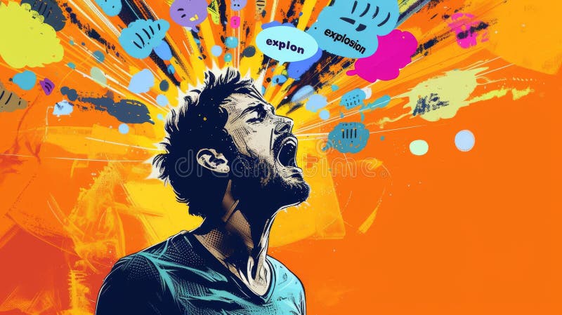 Scream of Expression As Words and Shapes Explode from Man S Head Stock ...