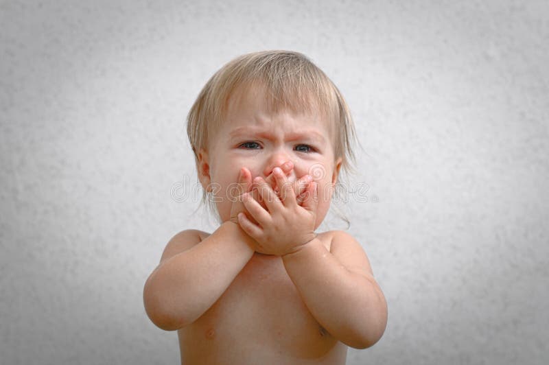 Screaming Baby Covering Mouth by Hand Stock Image - Image of baby, blue ...