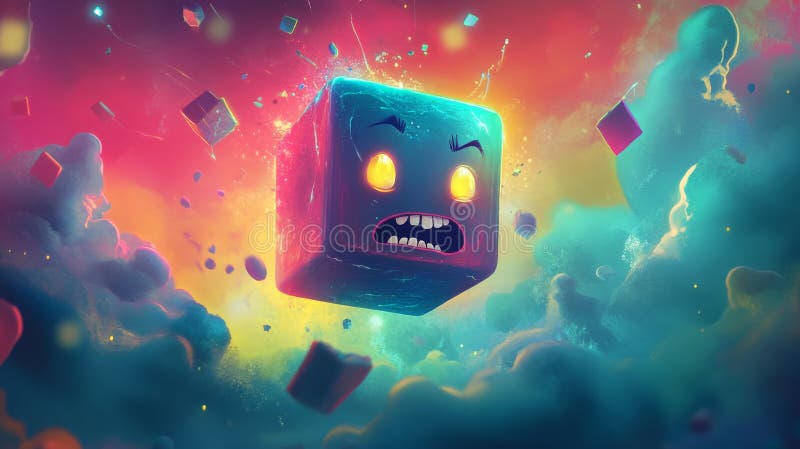 Screaming Cube Exploding in Colorful Clouds of Smoke and Geometric ...