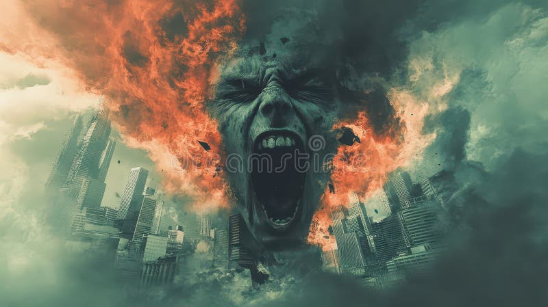 Screaming Face with Explosive Destruction Background Stock Image ...