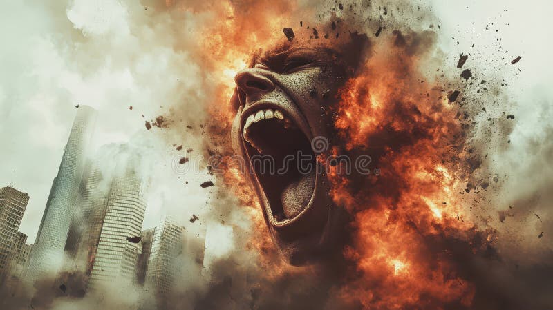 Screaming Face with Explosive Destruction Background Stock Image ...