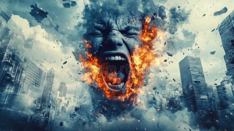 Screaming Face with Explosive Destruction Background Stock Image ...