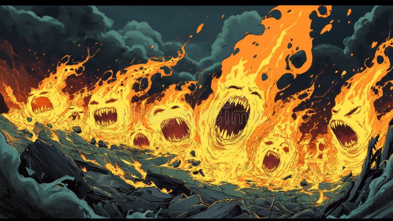 Screaming Fire Faces Rising from Burning Land Stock Image - Image of ...