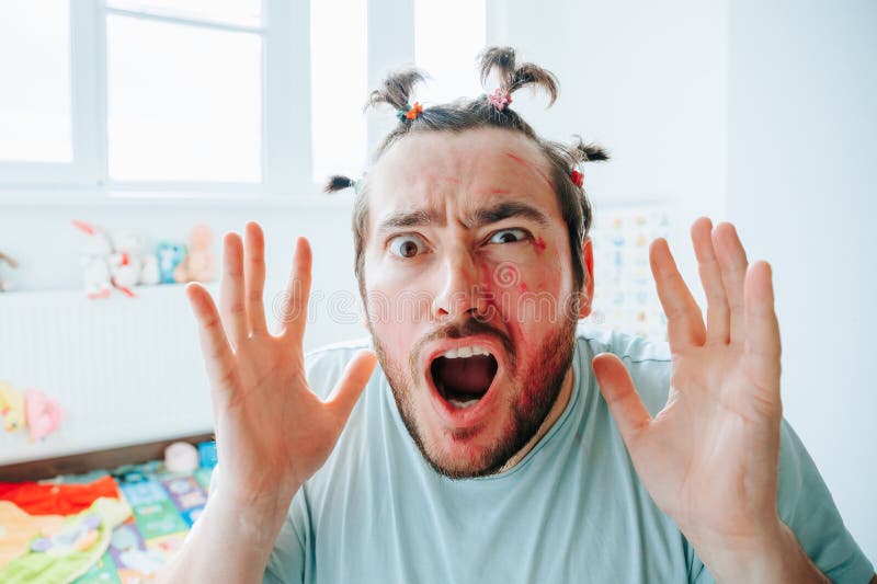 The Overwhelmed Funny Man with Make Up Stock Photo - Image of amused ...