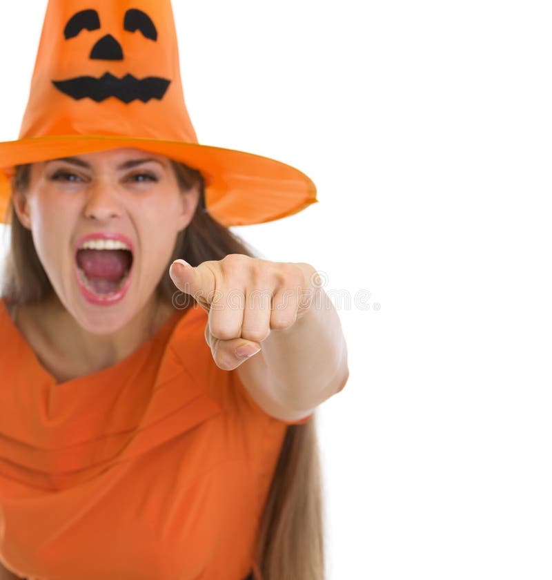 Screaming Girl in Halloween Hat Pointing in Camera Stock Image - Image ...