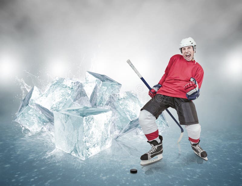 Screaming Hockey Player on Abstract Ice Cubes Background Stock Image ...