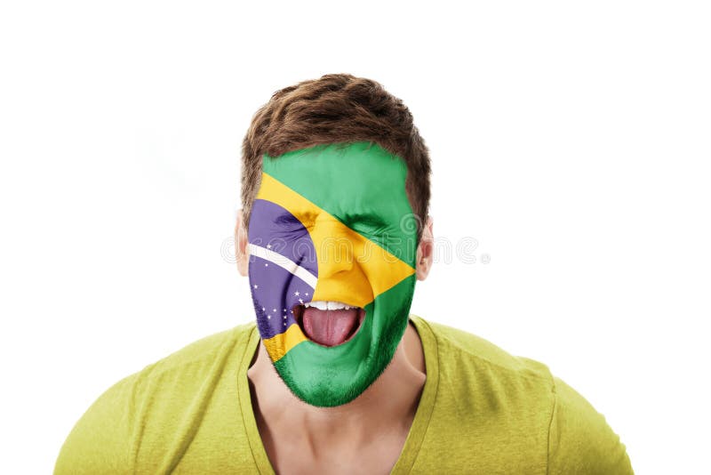 Screaming Man with Brasil Flag on Face. Stock Photo - Image of pride ...