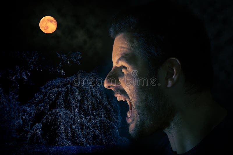 Screaming Man before the Full Moon in a Scary Halloween Night Scene ...
