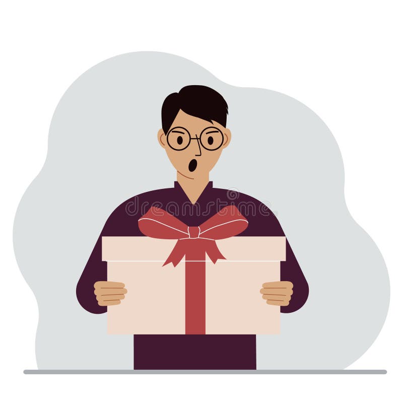 Screaming Man Holds a Large Gift Box with a Bow in His Hands. Vector ...