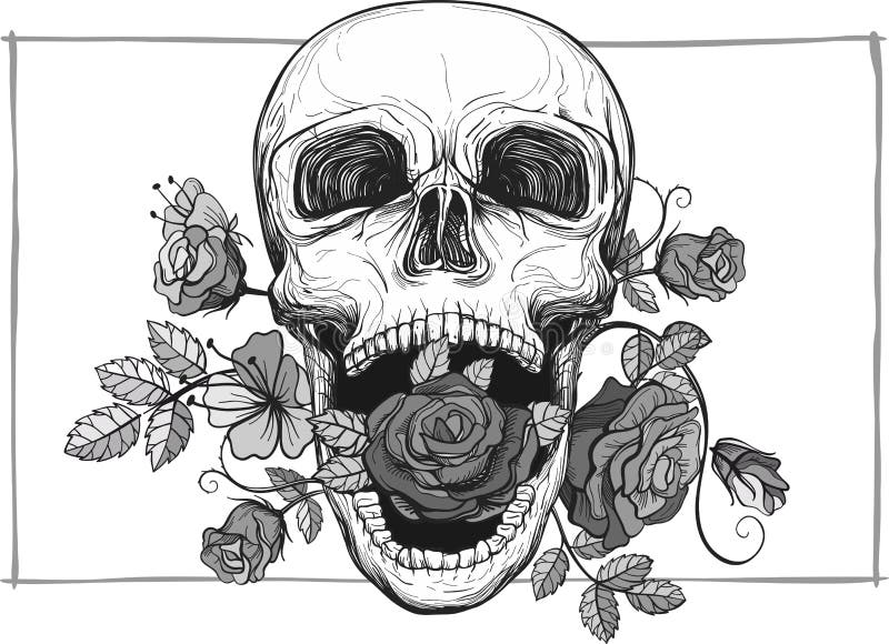 Screaming skull with roses stock vector. Illustration of skeleton ...