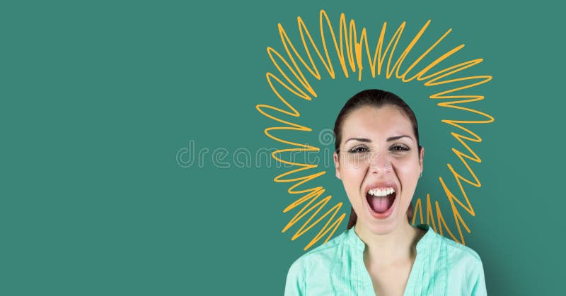 Screaming Woman with Doodle Circle on Green Background Stock Image ...