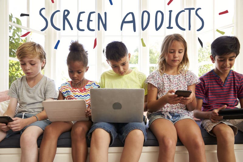 Screen Addict Children Using Technology Stock Photo - Image of hallway ...