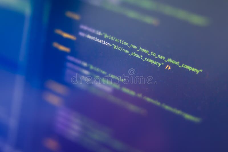 Screen Of Android Application Developing Code Lines Of Code On Computer Screen Background Stock