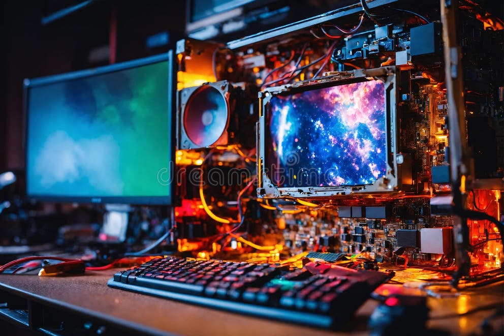 Screen with Circuit Boards of Old Monitor in Repair Workshop of ...